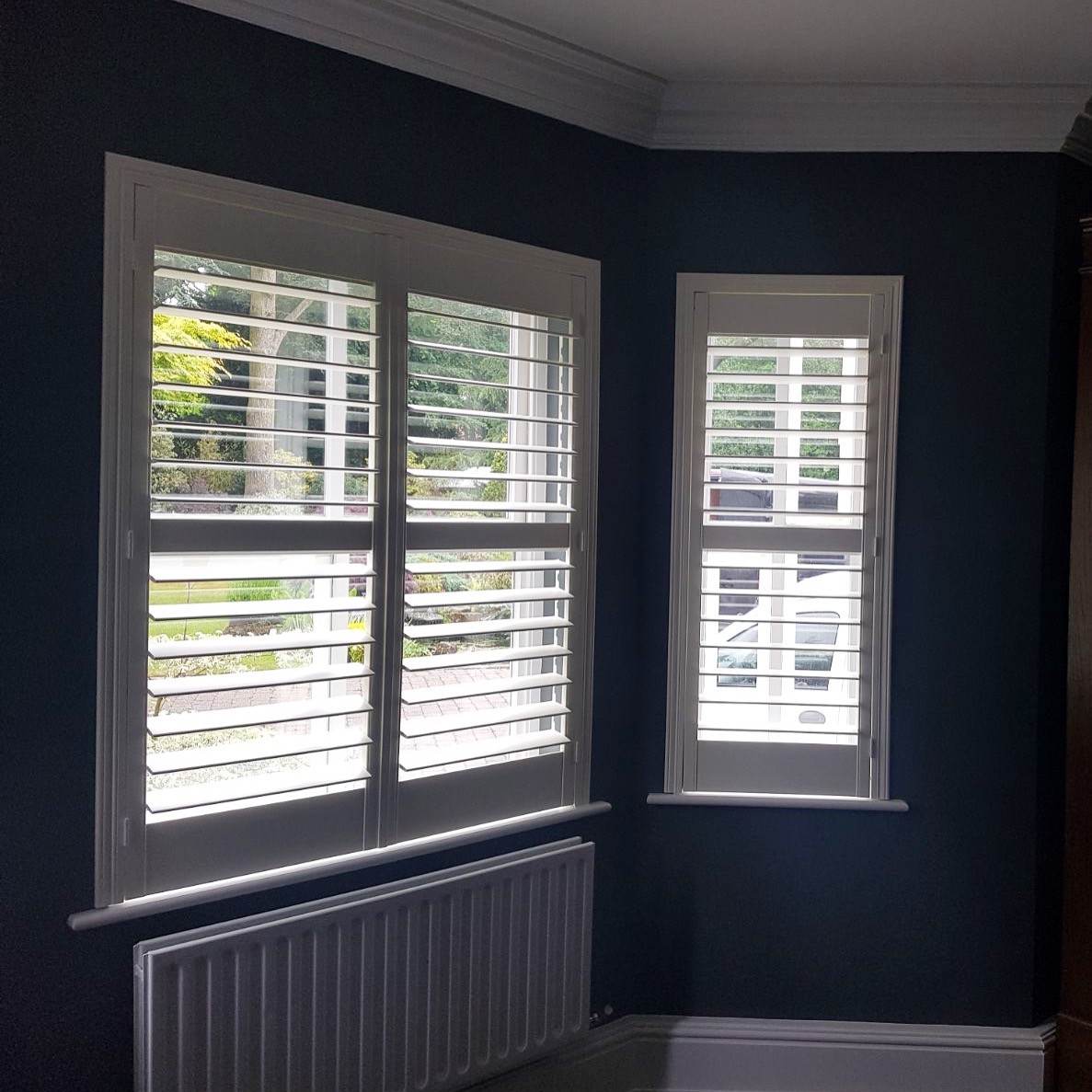 Dark Blue with White Plantation Shutters | Absolute Shutters
